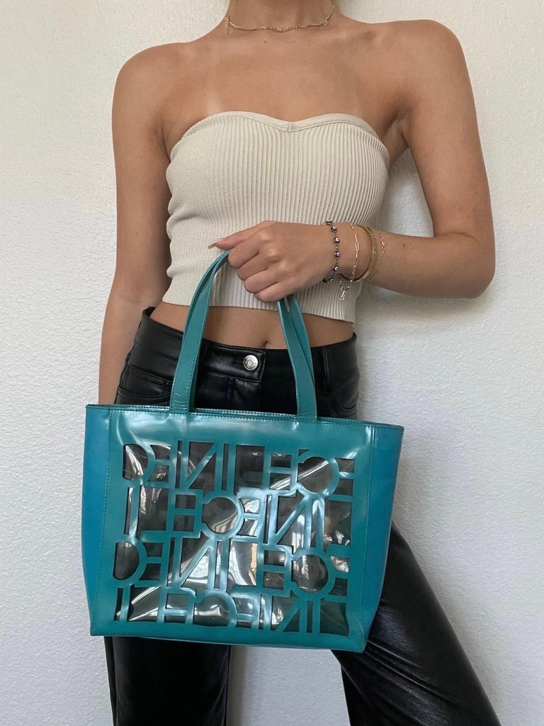 Vintage 90's CELINE Turquoise Clear Logo Shopper Transparent Tote Bag ...