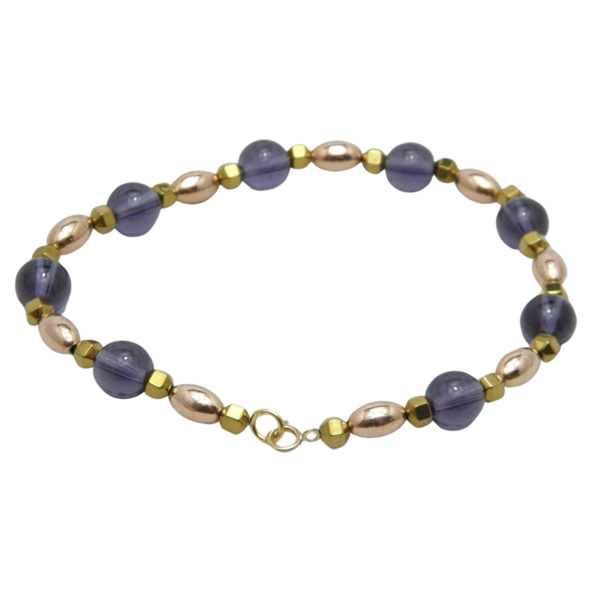 Vintage 9ct Gold Heavy Amethyst Bracelet 375 Purity Round Bead 9.9g For ...