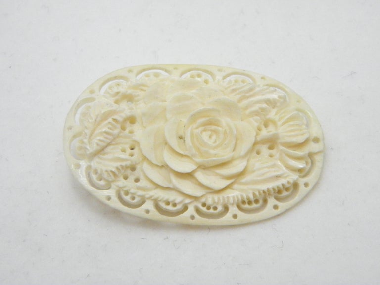 Vintage 9ct Gold Large Carved Bone Rose Brooch Pin c1970s 375 Purity ...