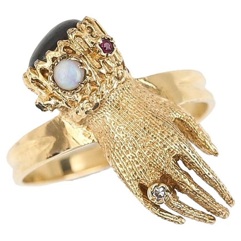 Vintage 9 Carat Gold Opal, Garnet, Ruby and Diamond Hand Ring, circa ...