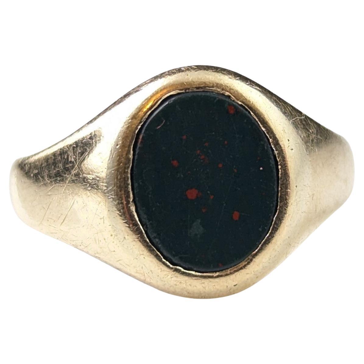 Vintage 9k gold Bloodstone signet ring, pinky ring at 1stDibs