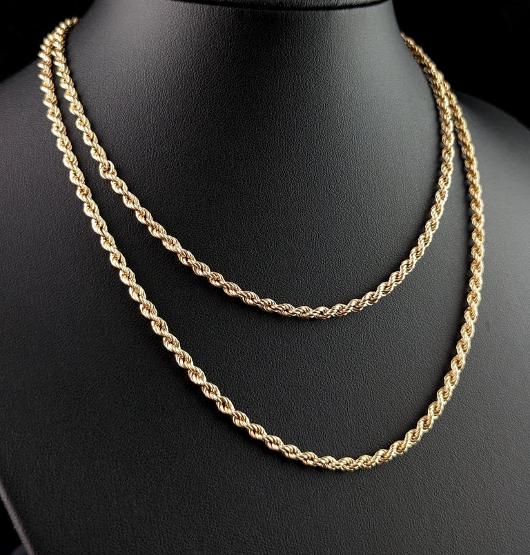 Vintage 9k Gold Rope Twist Chain Necklace, Long For Sale at 1stDibs