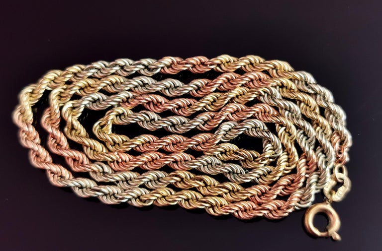 Vintage 9k Tri colour gold Rope twist chain necklace For Sale at 1stDibs