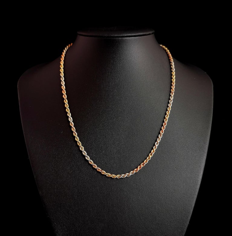 Vintage 9k Tri colour gold Rope twist chain necklace For Sale at 1stDibs