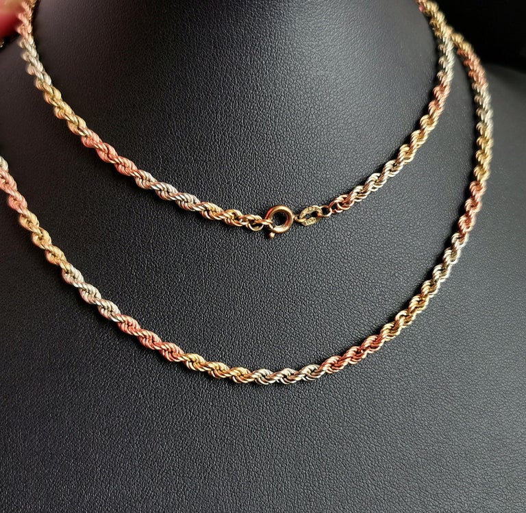 Vintage 9k Tri colour gold Rope twist chain necklace For Sale at 1stDibs