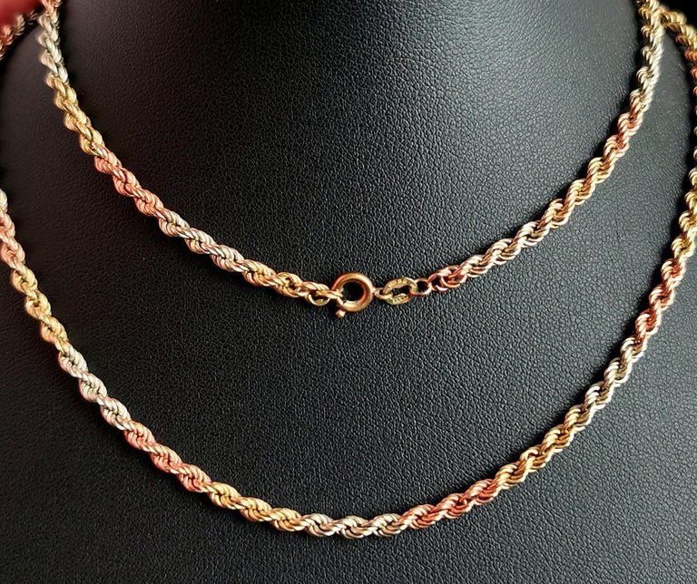 Vintage 9k Tri colour gold Rope twist chain necklace For Sale at 1stDibs