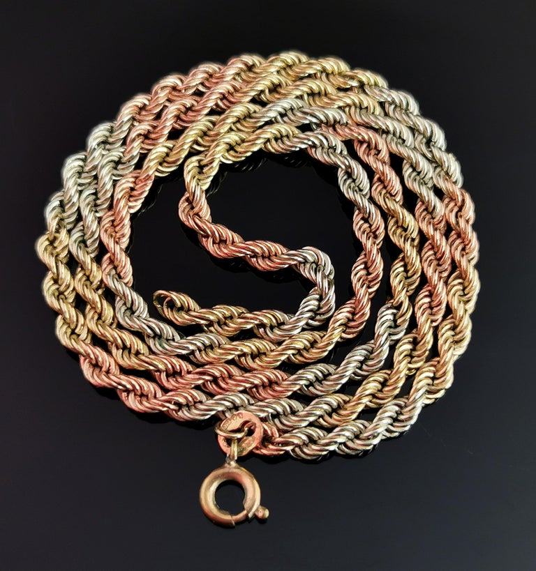 Vintage 9k Tri colour gold Rope twist chain necklace For Sale at 1stDibs