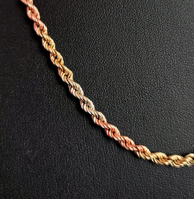 Vintage 9k Tri colour gold Rope twist chain necklace For Sale at 1stDibs