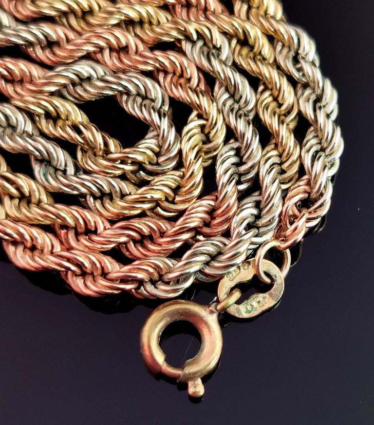 Vintage 9k Tri colour gold Rope twist chain necklace For Sale at 1stDibs