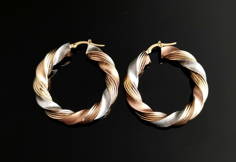 Vintage 9k Tri Colour Gold Twist Hoop Earrings at 1stDibs