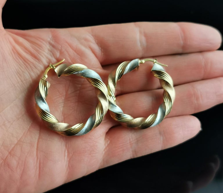 Vintage 9k Tri Colour Gold Twist Hoop Earrings at 1stDibs