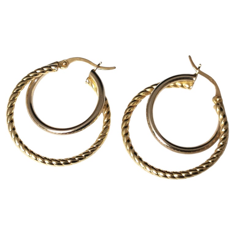 Vintage 9k Yellow Gold Hoop Earrings, Twist Double Hoop, c1990s For Sale at 1stDibs