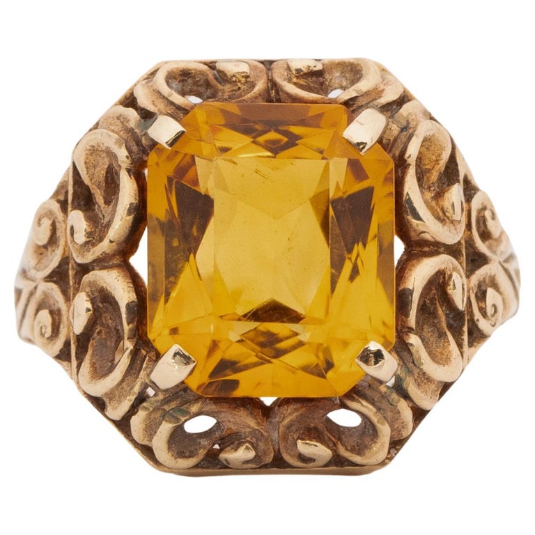 Vintage 9K Yellow Gold Open Scroll Work Fashion Ring with 4.30Ct ...