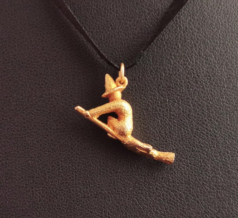 Vintage 9k Yellow Gold Witch on a Broomstick Pendant, Charm at 1stDibs