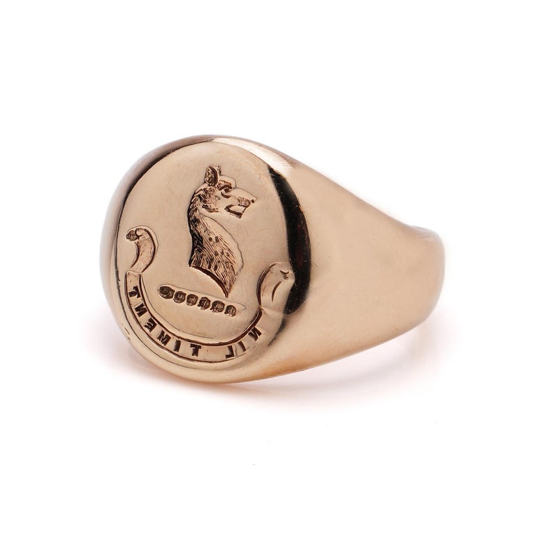 Vintage 9kt. Yellow Gold Signet Ring with a Wolf's Head and Latin ...