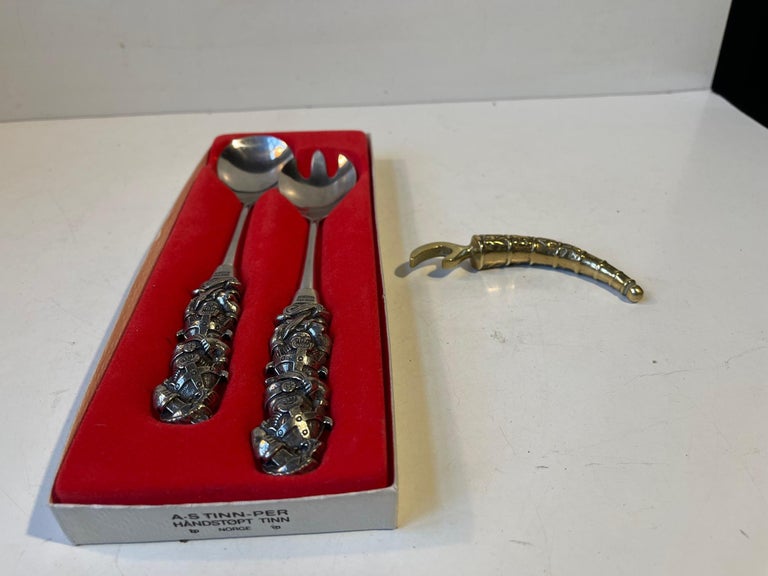 Vintage A. S. Tinn Per Viking Salad Set and Bottle Opener, Norwegian ...