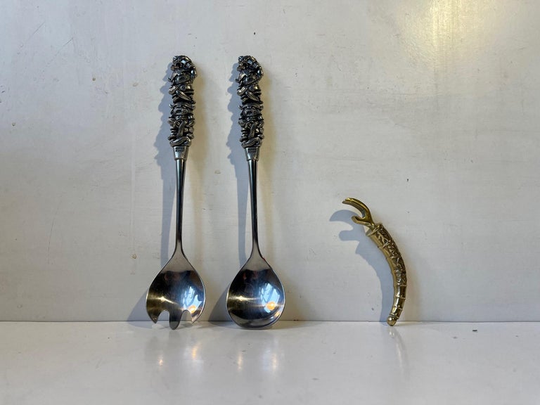 Vintage A. S. Tinn Per Viking Salad Set and Bottle Opener, Norwegian ...