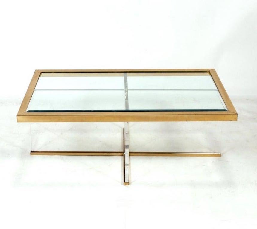 Vintage Acrylic and Brass Coffee Table with Inset Glass Top on Cross ...