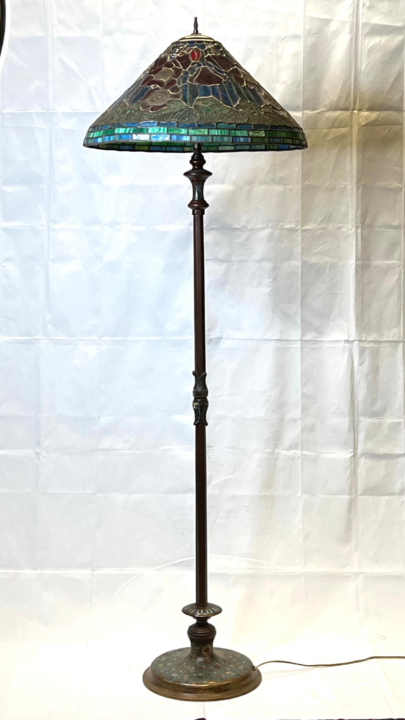 Vintage Aesthetic Leaded Glass and Champleve Bronze Floor Lamp For Sale ...