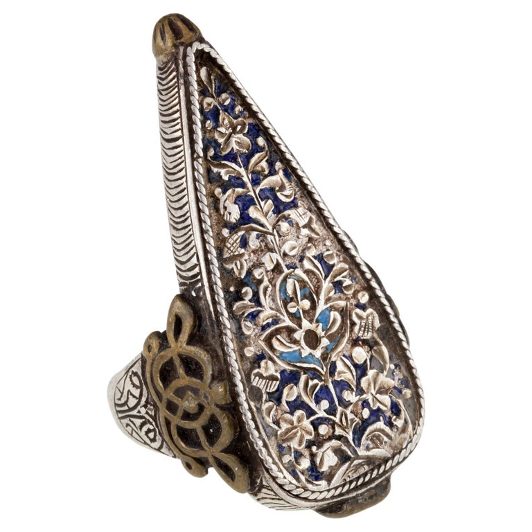 Vintage Afghan Sterling Silver and Brass Intricate Enamel Teardrop Ring ...