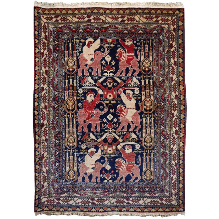Vintage Afghan War Rug with Figural Pictorial Lions Elephants Warriors ...