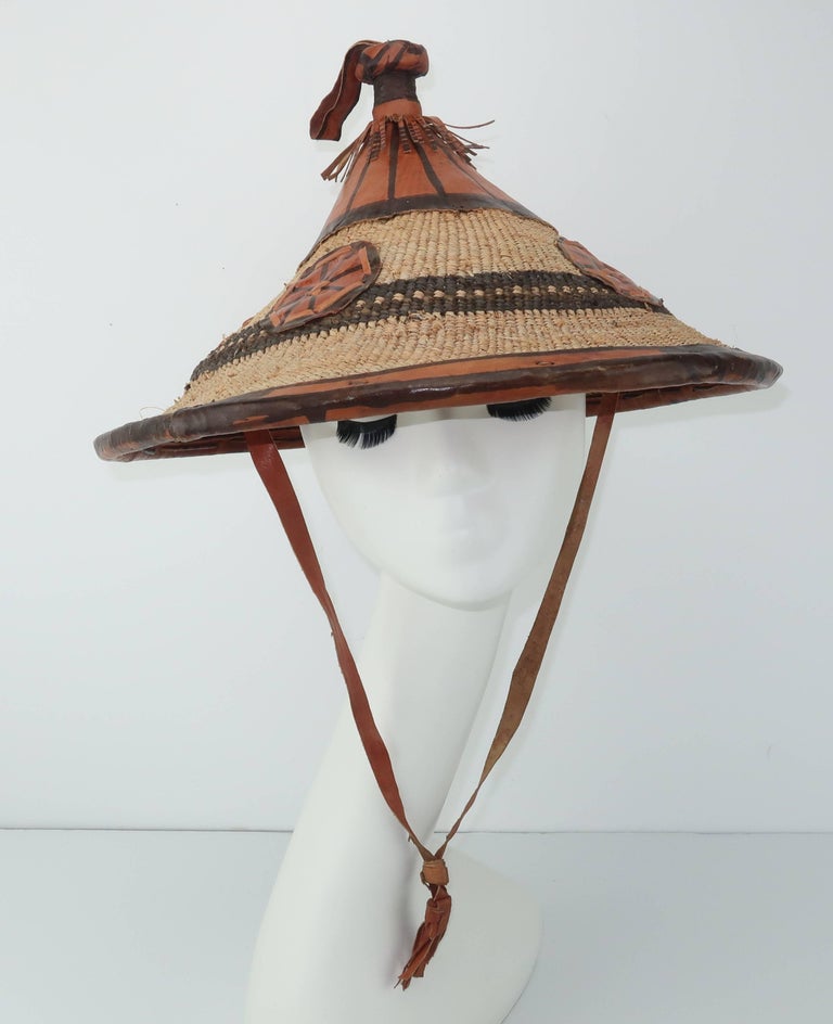 Vintage African Straw and Leather Pagoda Style Hat at 1stDibs | african ...