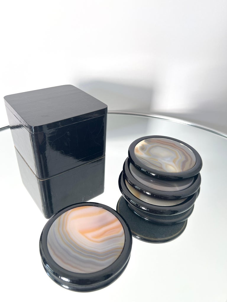 Vintage Agate Stone Coaster Set with Black Lacquered Box, circa 1970s ...