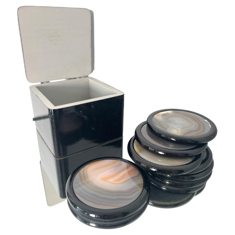 Vintage Agate Stone Coaster Set with Black Lacquered Box, circa 1970s ...