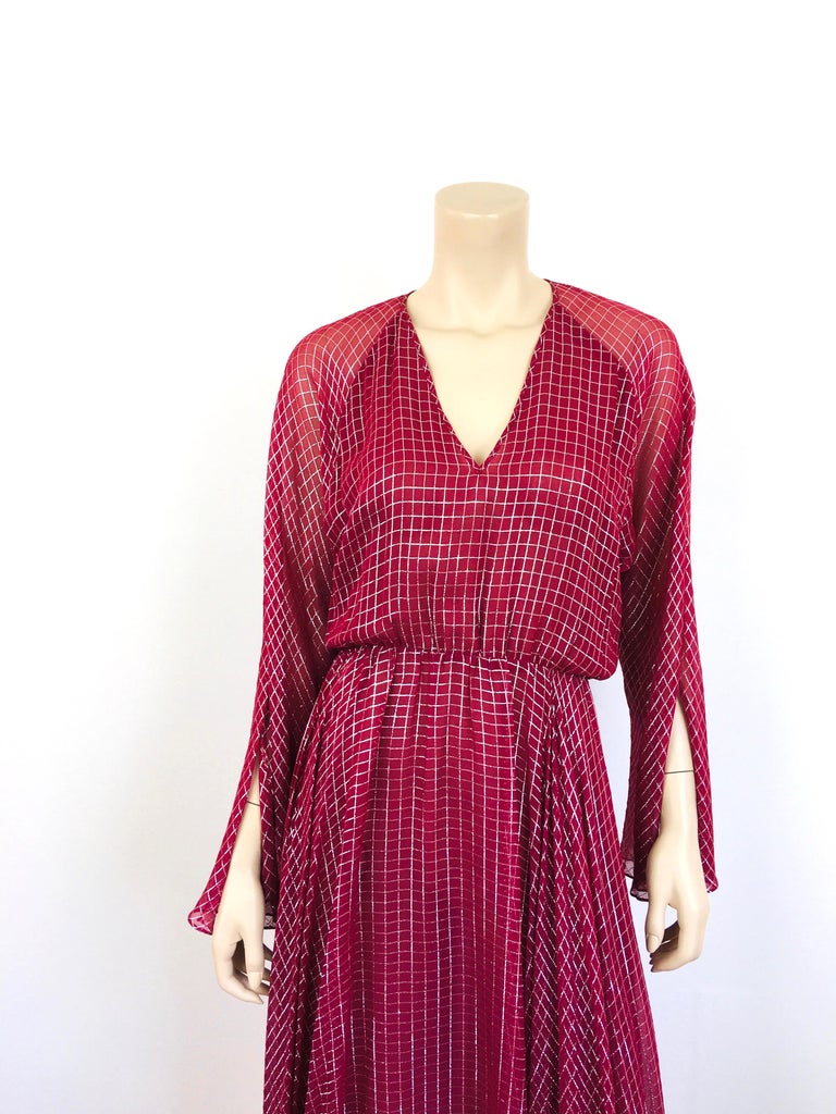 Vintage Albert Capraro Red and Silver Metallic Thread Chiffon Dress For ...