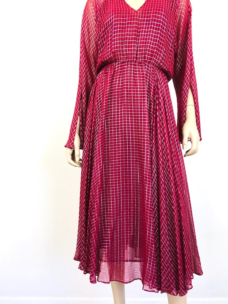 Vintage Albert Capraro Red and Silver Metallic Thread Chiffon Dress For ...