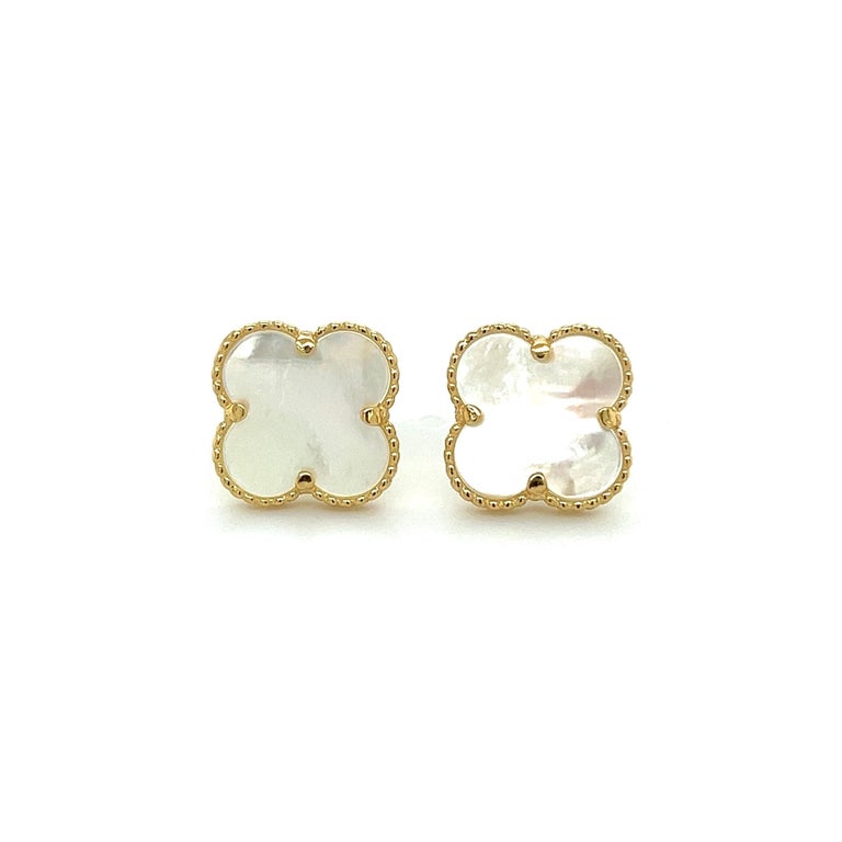 Vintage Alhambra Clover Mother of Pearl MOP Gold Earrings at 1stDibs