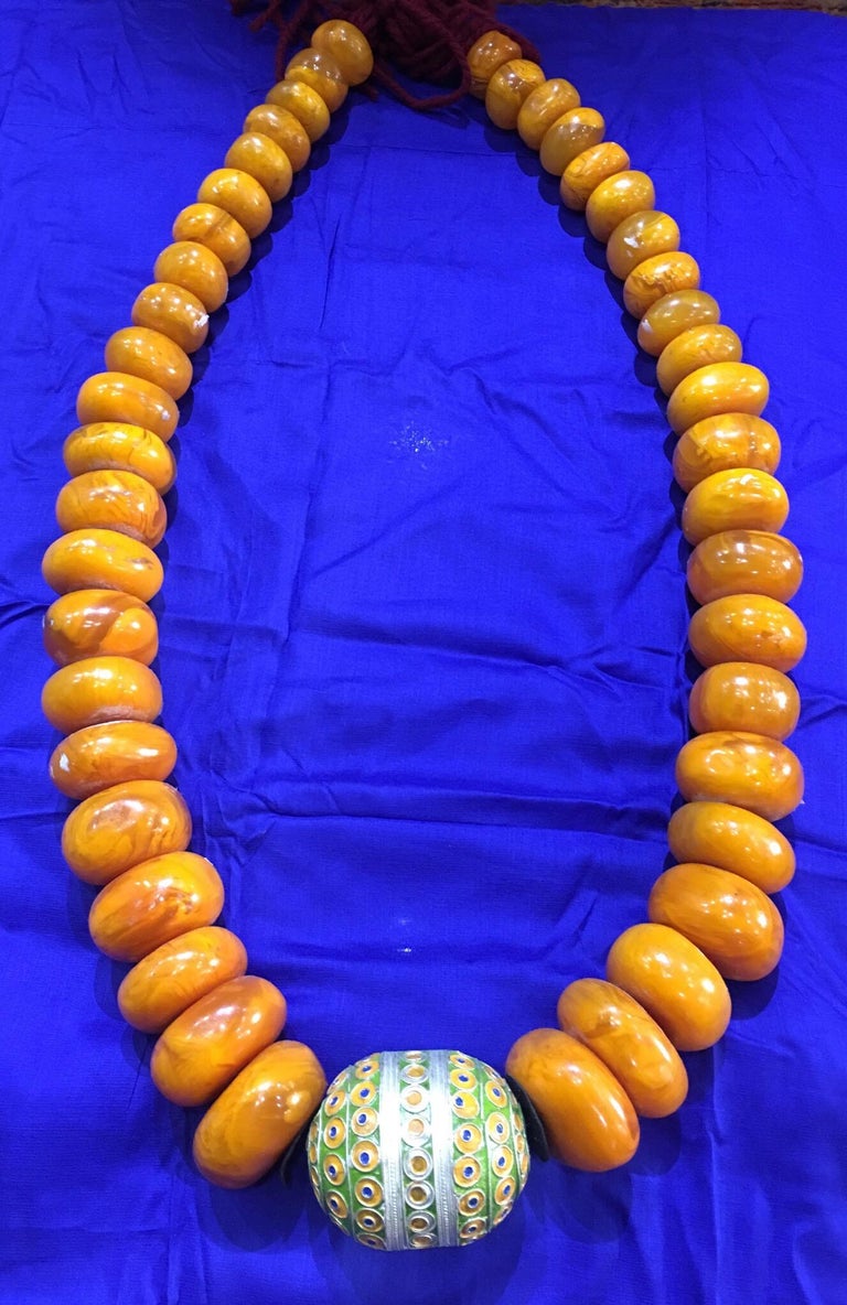 1960s Amber Copal Moroccan Statement Necklace, Large Silver Enamel Egg ...