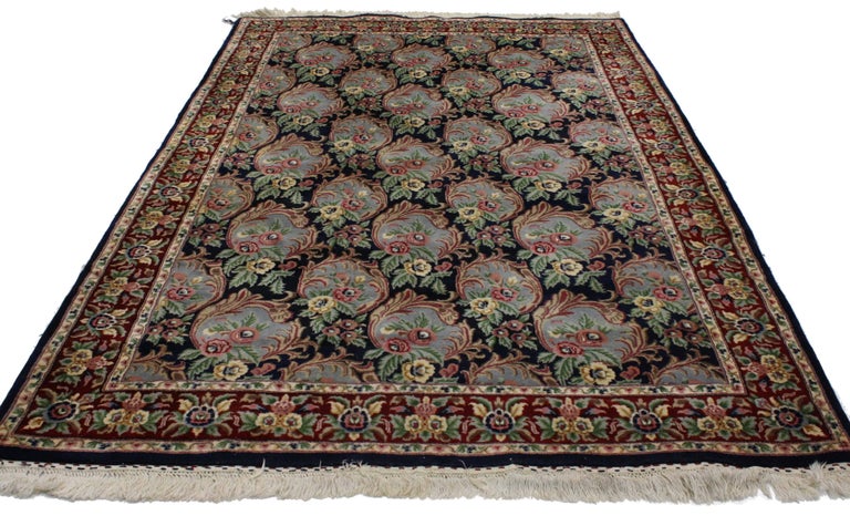 Vintage American Colonial Style Indian Area Rug with Framed Flowers For ...