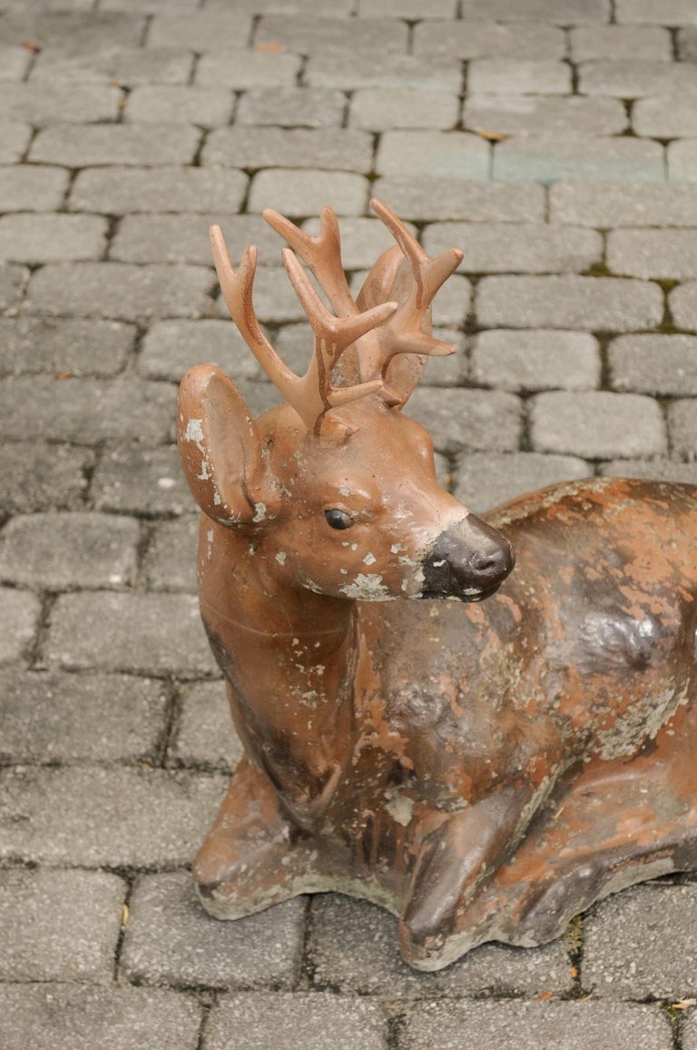 Vintage American Concrete Reclining Deer Sculpture with Iron Antlers ...