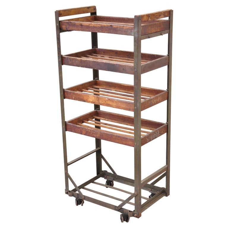 Vintage American Industrial Steel Metal and Wood Rolling Shop Work Cart ...