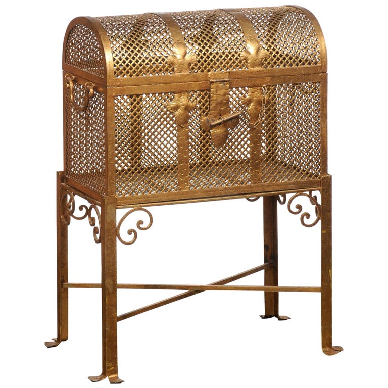 Vintage American Lattice Style Brass Trunk on Base with Arched Top and ...
