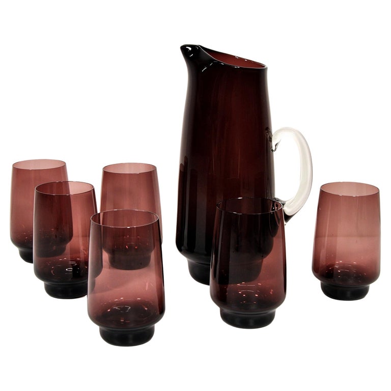Vintage Amethyst Glass Pitcher and Six Glasses For Sale at 1stDibs