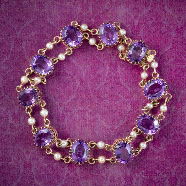Vintage Amethyst Pearl Bracelet 9ct Gold, Dated 1962 For Sale at 1stDibs