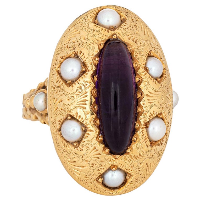 Vintage Amethyst Pearl Ring Large Oval Cocktail Etched Sz 8 Estate Fine ...