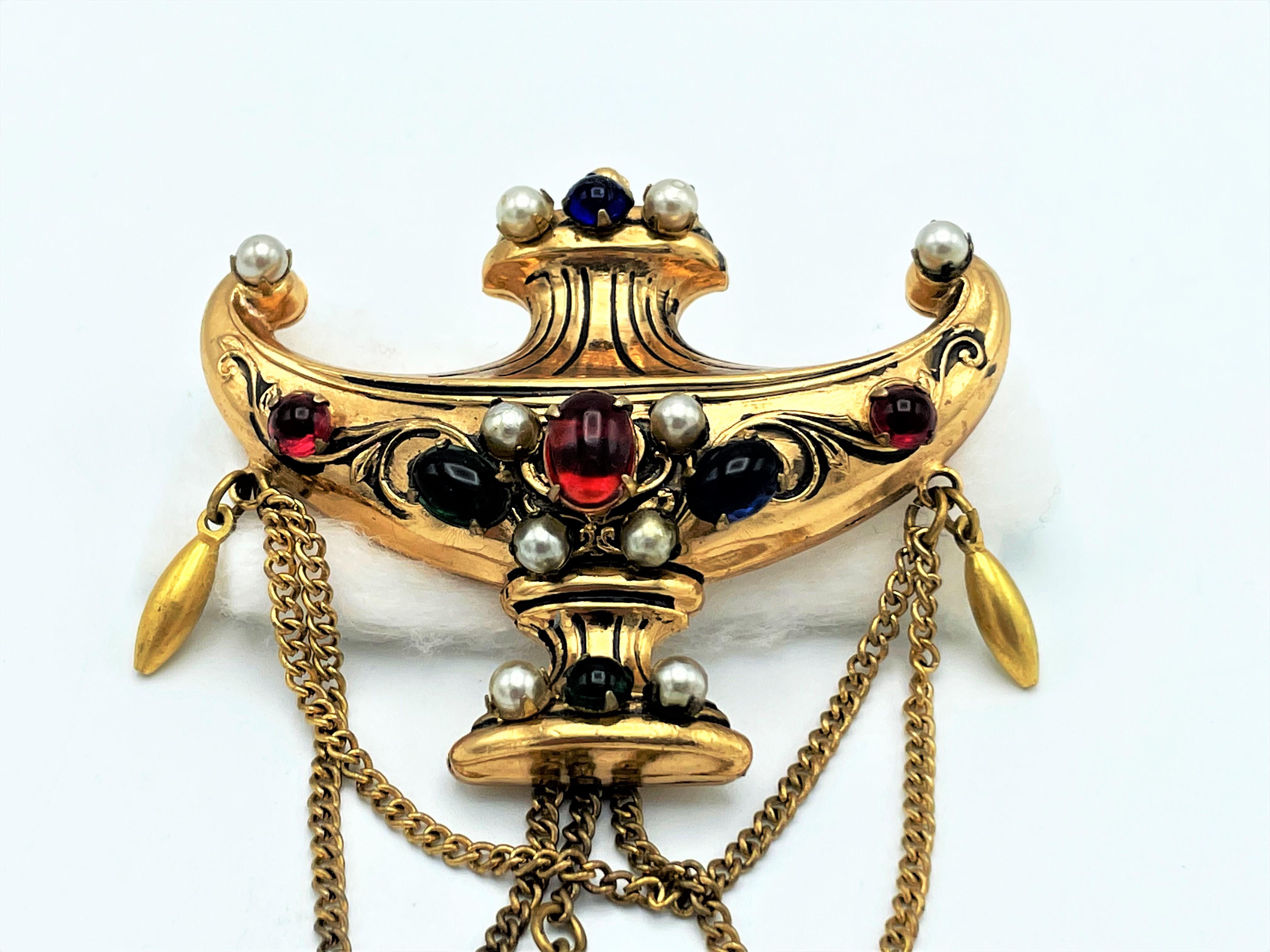 Vintage Amphora Brooch, Coro, 1940 USA with red and blue cabochons and ...