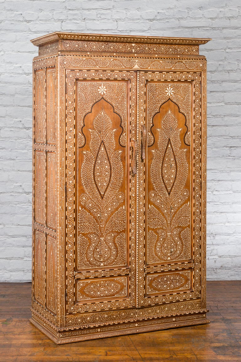 Vintage Anglo Indian Bone Inlaid Wardrobe Cabinet with Ebonized Accents ...