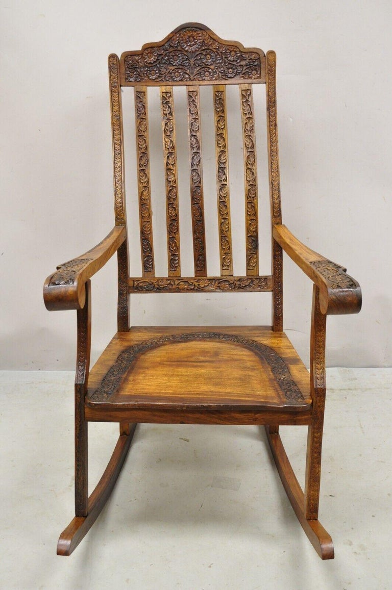 Vintage Anglo Indian Carved Teak Wood Rocking Chair Rocker For Sale at ...