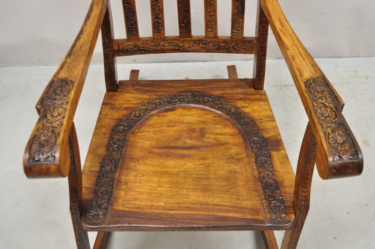 Vintage Anglo Indian Carved Teak Wood Rocking Chair Rocker For Sale at ...