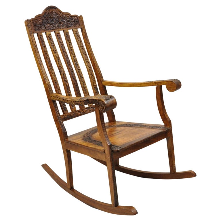Vintage Anglo Indian Carved Teak Wood Rocking Chair Rocker For Sale at ...