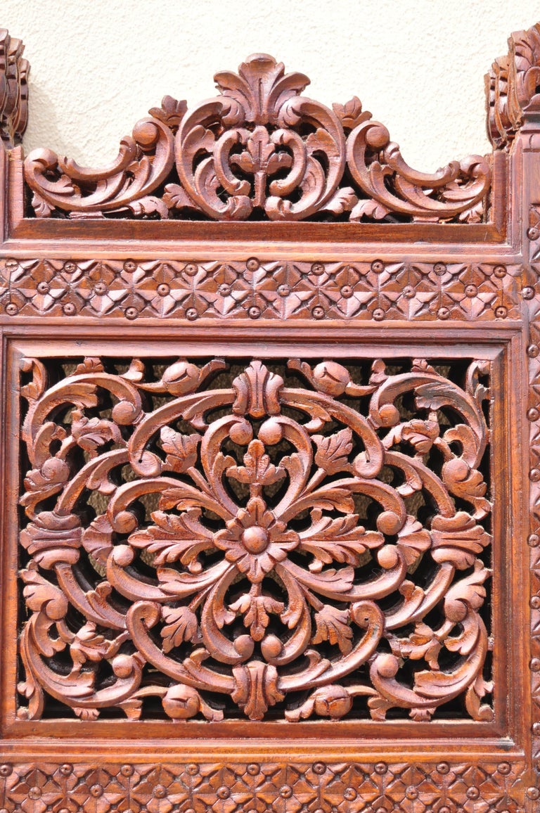 Vintage Anglo Indian Teak Wood Brass Inlay 4 Panel Room Divider Folding ...