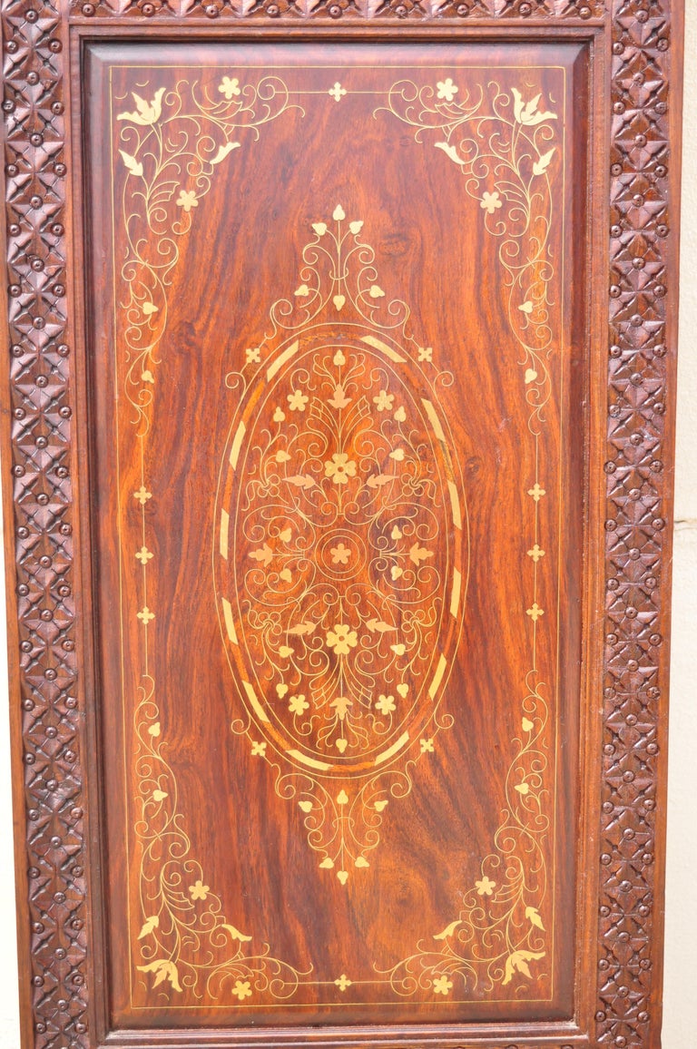 Vintage Anglo Indian Teak Wood Brass Inlay 4 Panel Room Divider Folding ...