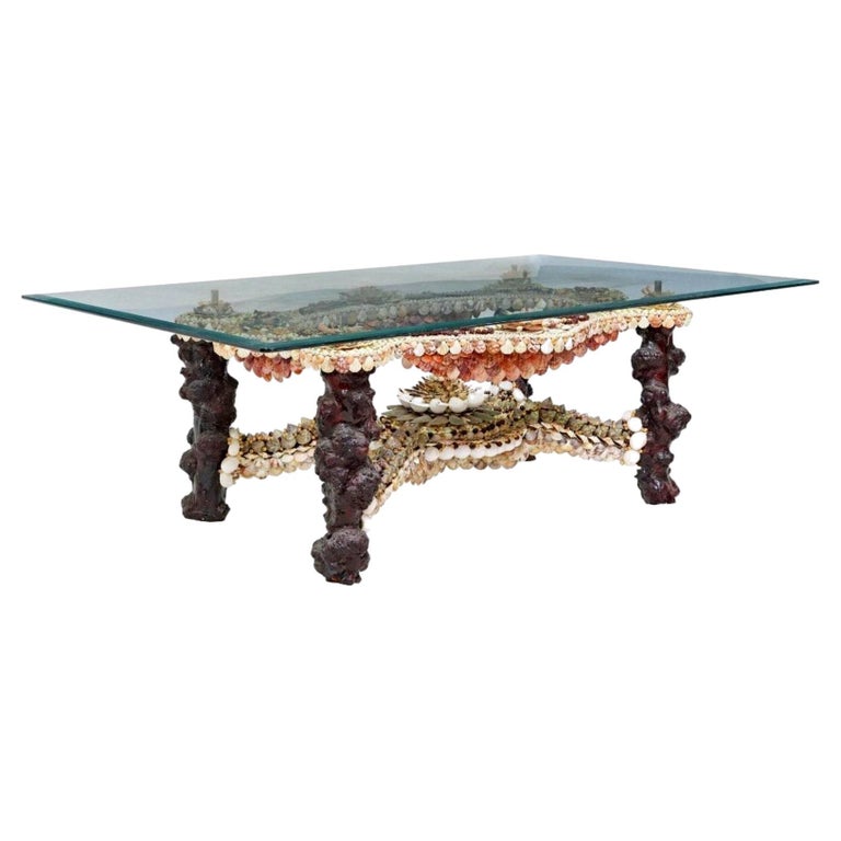 Table à plateau en verre décorée de coquillages vintage de style ...