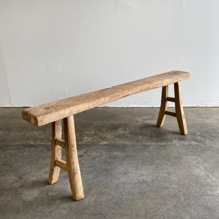 Vintage Antique Elm Wood Skinny Bench For Sale at 1stDibs