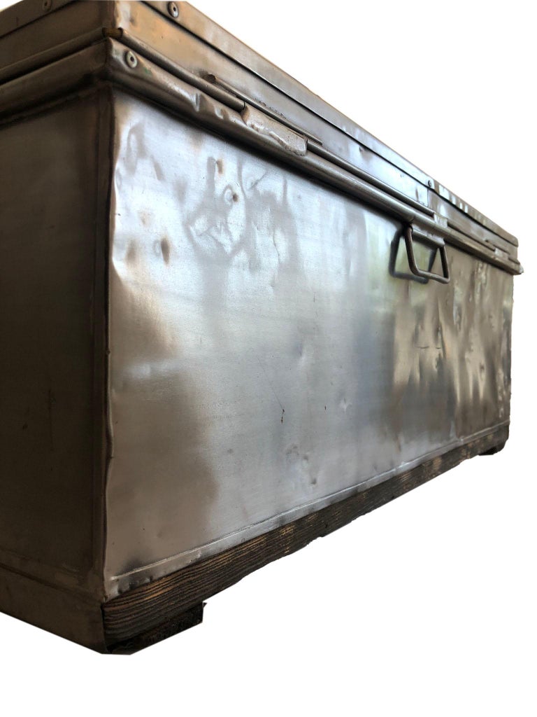 Vintage Antique Metal Trunk with Brass Hardware and Plaque at 1stDibs