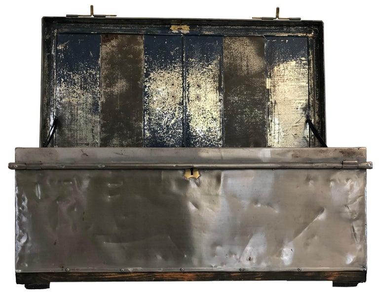 Vintage Antique Metal Trunk with Brass Hardware and Plaque at 1stDibs